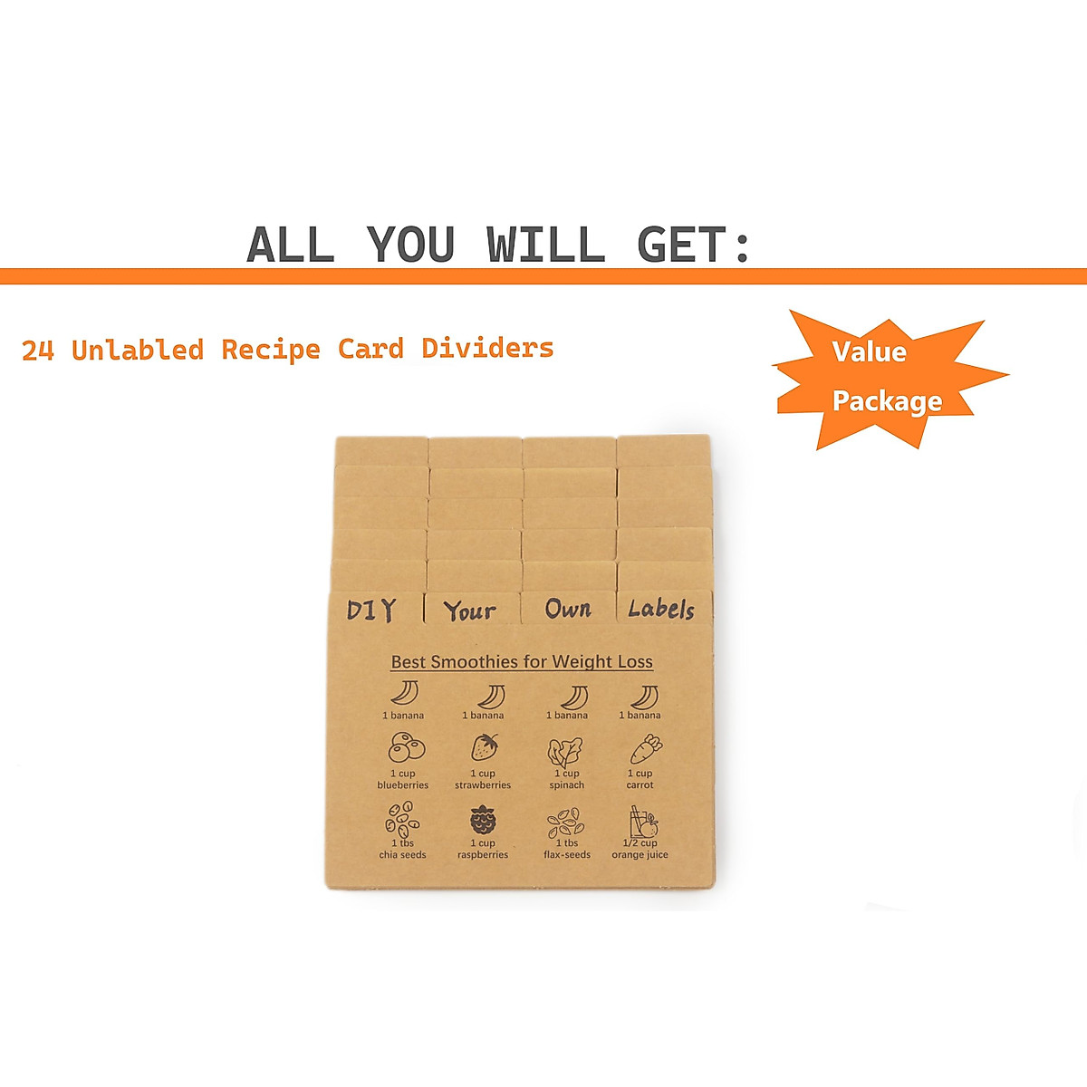 Recipe Card Dividers 4x6 with Tabs (Set of 24) Includes Printed Cooking Tips Recipe Box Dividers Made of Thick Cardstock Best Kitchen Gift (Kraft)