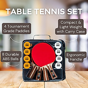 Ping Pong Paddle Set - 4 Wood Ping Pong Paddles - Ergonomic Grip - 8 Tournament Table Tennis Balls - Paddle Case - Professional/Casual Play - Portable Table Tennis Set .- Family Table Games