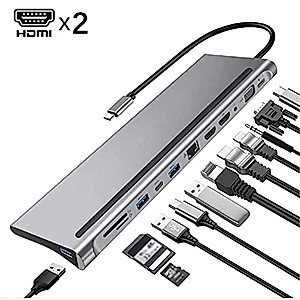 GPPZM 12 in 1 USB C Hub Laptop Docking Station Type-C to Dual HDMI-Compatible/VGA/USB 3.0 Hub/PD/RJ/Micro-SD/TF Card Dock Adapter