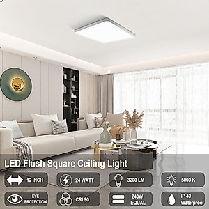 12 inch Square LED Ceiling Light, 3200LM 24W 5000K Daylight Super Bright Ceiling Lights, White Flush Mount LED Lamp, Recessed Lighting fixtures for Kitchen Bathroom Bedroom Hallway Office Garage