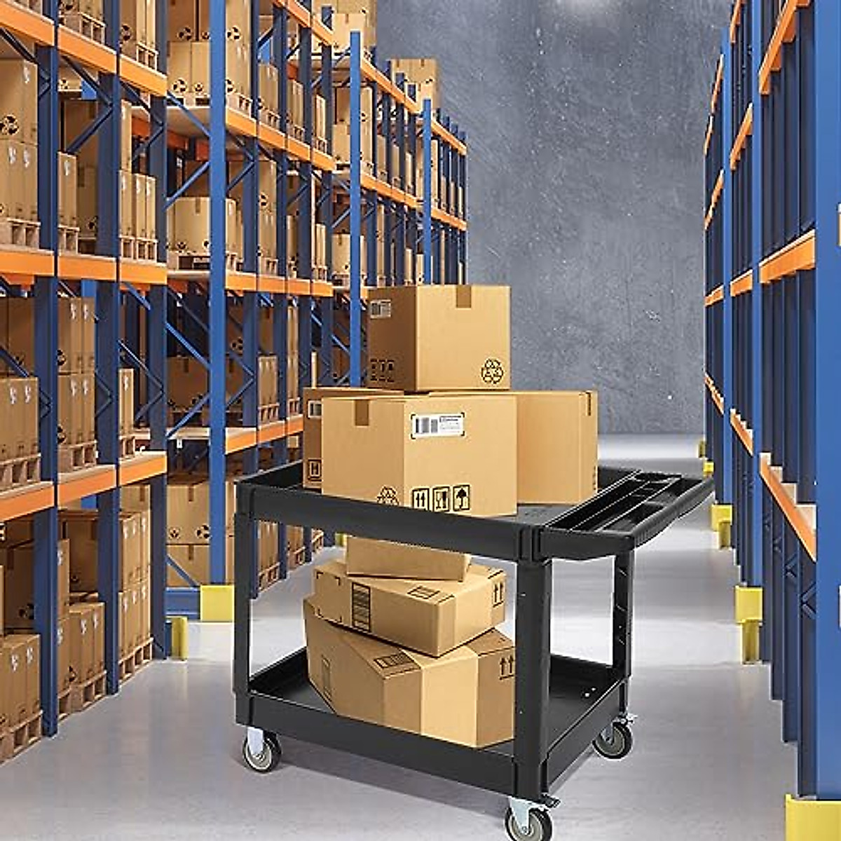 KIMORE Service Utility Cart 2-Shelf Utility/Service Cart, 500-Pound Capacity, Storage Handle, for Warehouse/Garage/Cleaning/Manufacturing，45"X25"