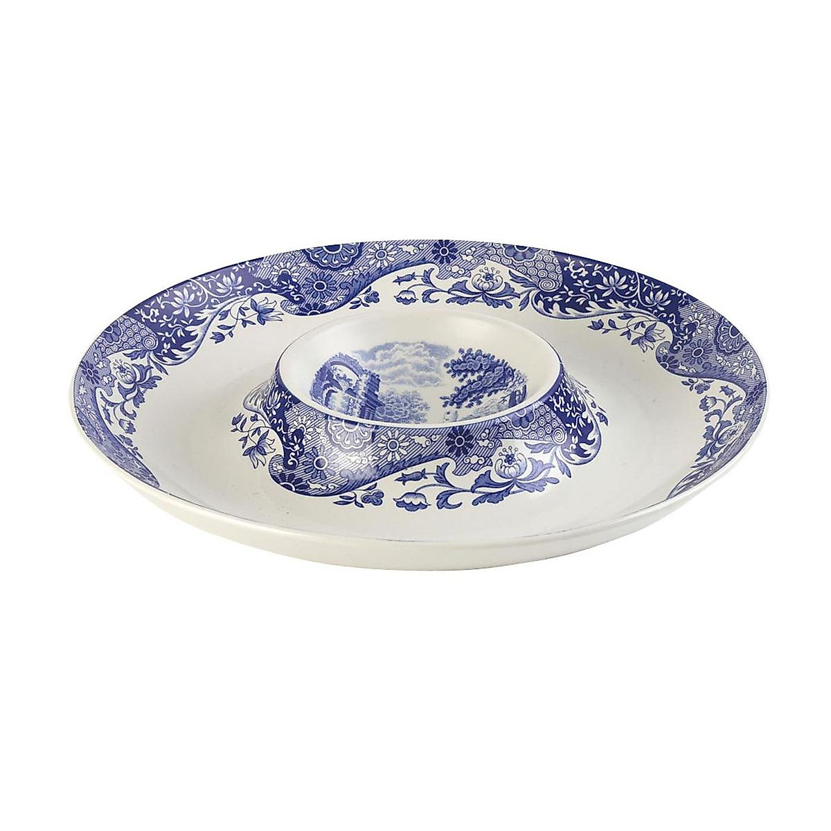 Spode Blue Italian Collection Chip and Dip Serving Tray, Use for Hosting, Display Appetizers, Cheese, Chips, and Salsa, 14.5-inch, Microwave and Dishwasher Safe