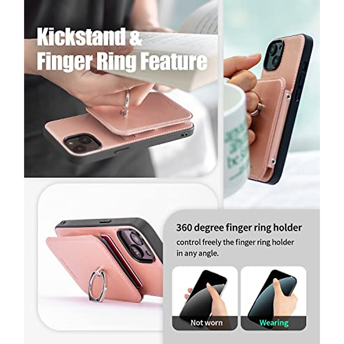 GOOSPERY Rich-Fit iPhone 14 Crossbody Wallet Case for iPhone 14 Case [Strap Included] with Card Holder Lanyard Magnetic Clasp [Kickstand Ring] Heavy Duty Protection, Rose Gold