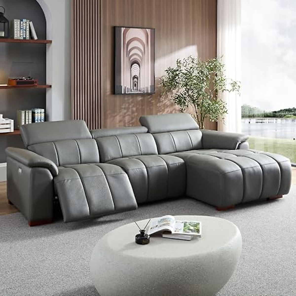 ERYE Luxury Power Reclining Motion Sectional Right Facing Sofa for Living Room, Oversized L-Shaped Convertible Leather Upholstered Couch W/Left Chaise Daybed,USB Ports,Adjustable Headrest & Footrest