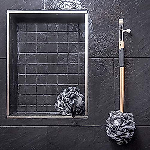 Toem Loofah Back Scrubber For Shower | Bamboo Charcoal Fiber Infused | Bath Sponge | Lufas For Men & Women | Includes 1 Long Handled Shower Sponge, 1 Bath & Shower Luffa Pouf & 1 Hook To Hang Stuff