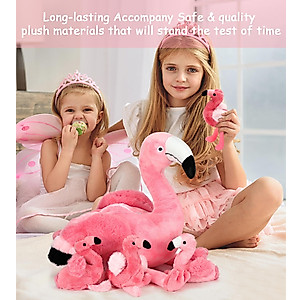 Qpewep 21Inch Flamingo Stuffed Animal Toys with 4 Babies Soft Plush Flamingo Inside Pink Plushie Machine Washable for Kids Birthday Toddlers Kids Zoo Flamingo Party Decor Easter Gift