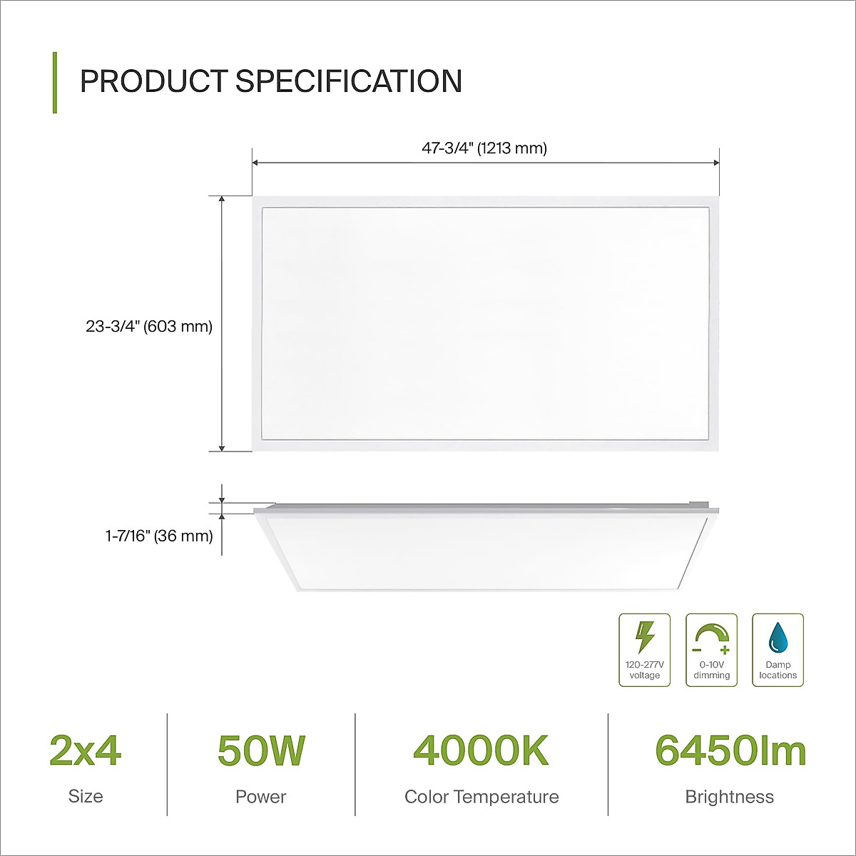 ASD 2x4 LED Flat Panel Light - 50W UL DLC Listed | 6450LM 4000K (Bright White) Dimmable 2x4 LED Light Drop Ceiling | Commercial Recessed & Surface Mount Back-Lit LED Panel Lights for Office, 2 Pack