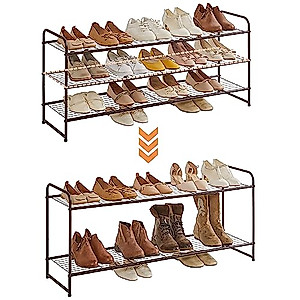 YMYNY Freestanding Shoe Racks, 3 Tiers Stackable & Adjustable Shoe Storage Shelf, Extra Large Capacity Shoe Organizer Stand for 20-24 Pairs, for Entryway, Closet, Bedroom, Brown, 42.9" L, UHXJ302BR