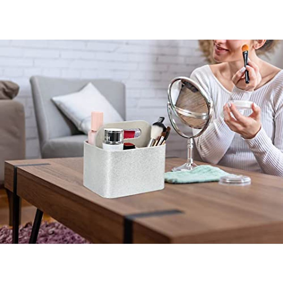 HofferRuffer Faux Leather Basket Tote Bin Caddy, Remote Control Holder, Portable Skincare Makeup Storage Organizer Caddy Tote with Handle, 7.3 x 5.5 x 6.7 inches (Silver)