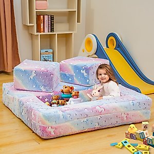 furlinkhm Modular Kids Play Couch,Glow in The Dark Kids Play Couch Toddler Couch,Nugget Couch for Kids,Convertible Baby Fold Out Play Foam and Floor Cushion for Bedroom and Playroom(Rainbow+Unicorn)