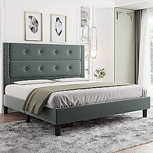 iPormis King Size Platform Bed Frame, Velvet Upholstered Bed Frame with Button Tufted & Nailhead Headboard, Wooden Slats Support, No Box Spring Needed, Noise-Free, Gray