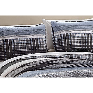 Kids Zone Home Linen Charcoal White Light Grey Stripe Plaid Pattern Unisex Bedspread New (Twin/Twin Extra Long)