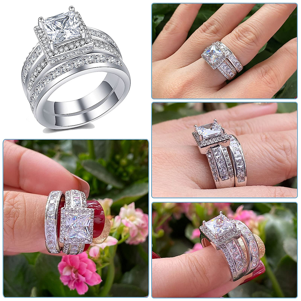 CEJUG 3Ct Wedding Rings for Women Princess Engagement Ring Set Bands 18k White Gold Plated Halo Cz Size 7