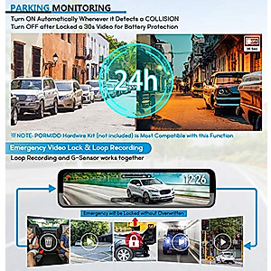 PORMIDO Triple Mirror Dash Cam 12" with Detached Front and in-Car Camera,Waterproof Backup Rear View Dashcam Anti Glare 1296P IPS Touch Screen with Sony Sensor,Starvis Night Vision,GPS,Parking Assist