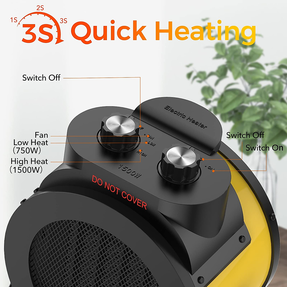 AEscod Space Heater, Upgrade 1500W Portable Electric Heater with 3 Modes, Overheat Protection, 90° Adjustable Angle, Garage, Indoor Use