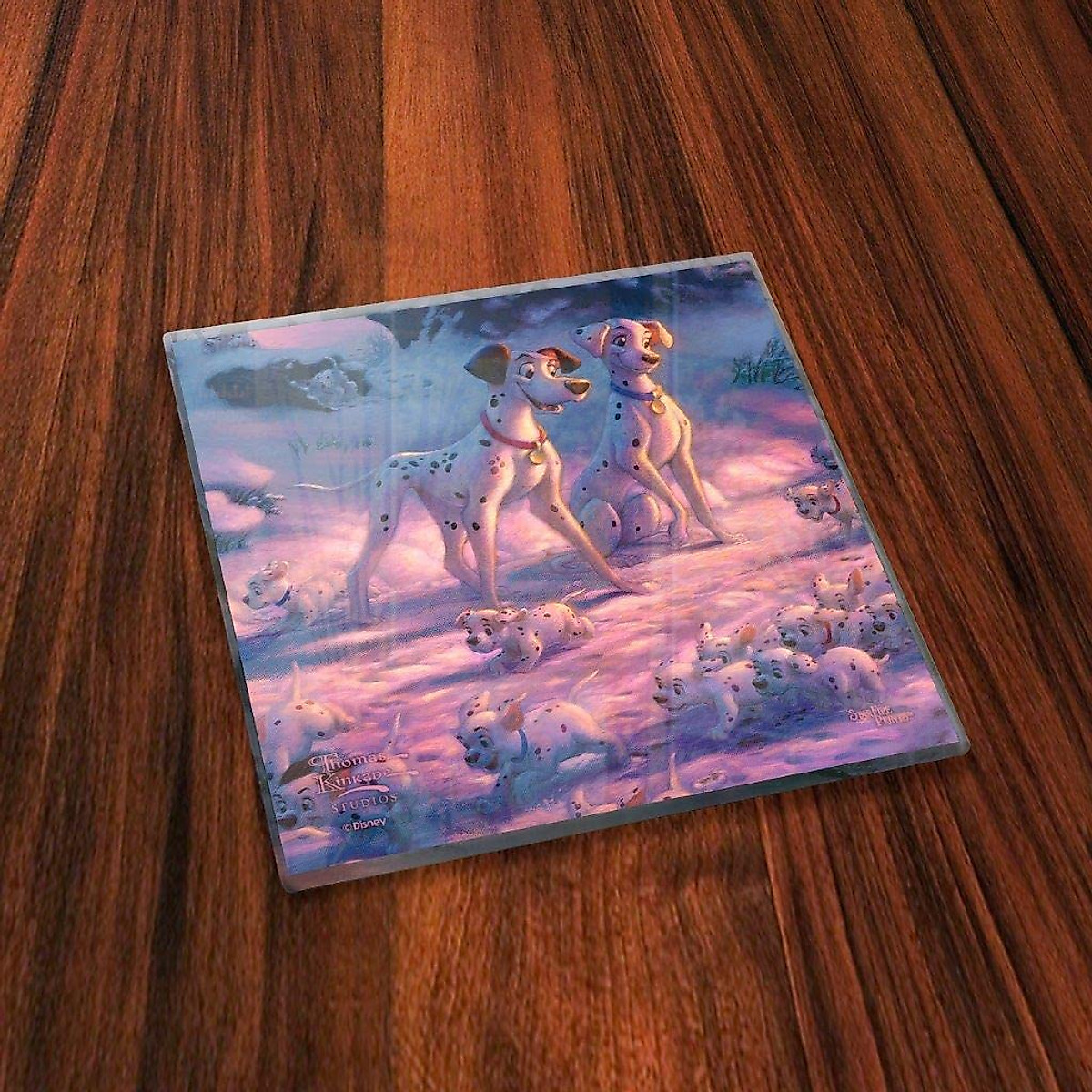 Disney – 101 Dalmatians on The Run – Pongo and Perdita’s Puppies – Thomas Kinkade Studios – Set of Four 4” x 4” Glass Coasters - Comes with Stylish Modern Wooden Coaster – for Gifting and Collecting