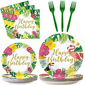96 Pieces Tropical Birthday Decorations Hawaiian Aloha Party Supplies Tableware Set Disposable Plates Party Plates Napkins Forks for Tropical Theme Baby Shower for Summer Pool Party Favor 24 Guests