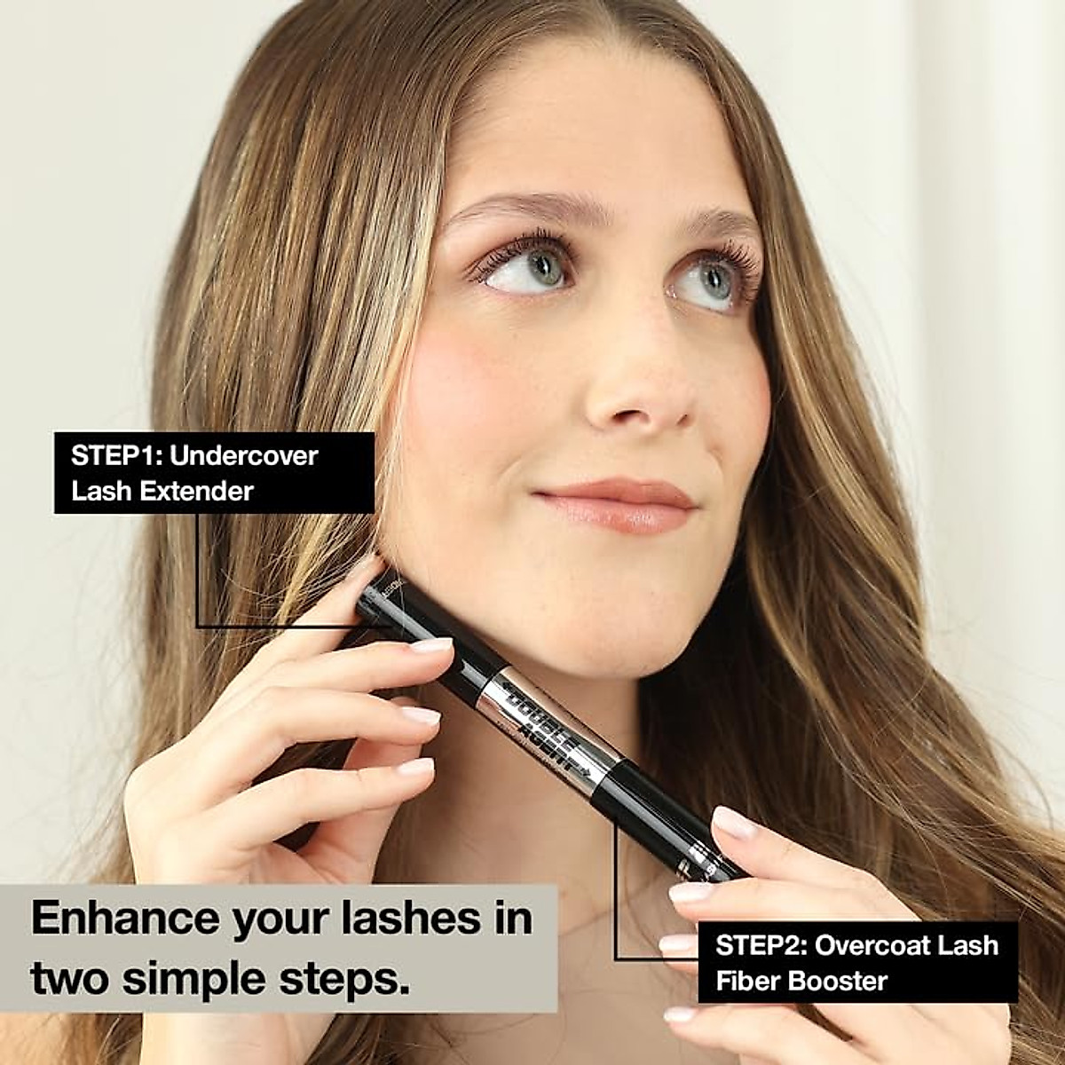 Palladio Double Agent Lash Extender Undercover Fiber Booster Mascara, dual lash system, increase eyelash length and volume, boost lashes for a bold dramatic look, voluminous makeup mascara, Jet Black