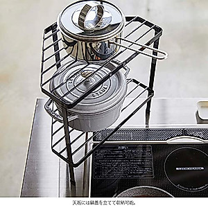 YAMAZAKI Home Kitchen Range Stove Top Rack Two Tier Corner Riser-Pot Holder Frying Pan Rest | Steel, One Size, Black