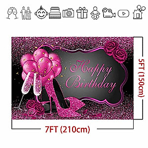 Mocsicka Pink Glitter Women's Birthday Backdrop Pink Champagne Balloons Roses Birthday Party Decorations Photography Background Sweet Girl's Birthday Photo Backdrops (7'x5')