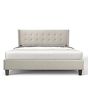 BONSOIR Bed Frame Upholstered Traditional Low Profile Platform with Wing Back Headboard/No Box Spring Needed/No Bed Skirt Needed/Linen Fabric Upholstery/Sand (Sand, King Size)