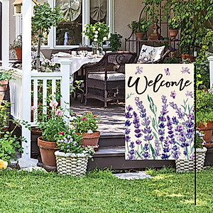 AVOIN colorlife Welcome Spring Lavender Garden Flag 12x18 Inch Double Sided Outside, Flower Seasonal Yard Outdoor Flag