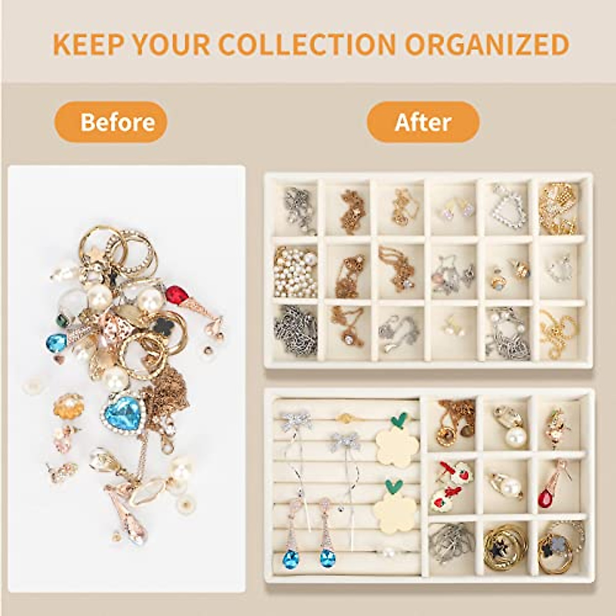 Arqumi 2 Pack Jewelry Trays, Jewelry Display Trays, Velvet Jewelry Display Trays with Multilayer for Earrings Necklace Rings Bracelet, Beige (9-18)