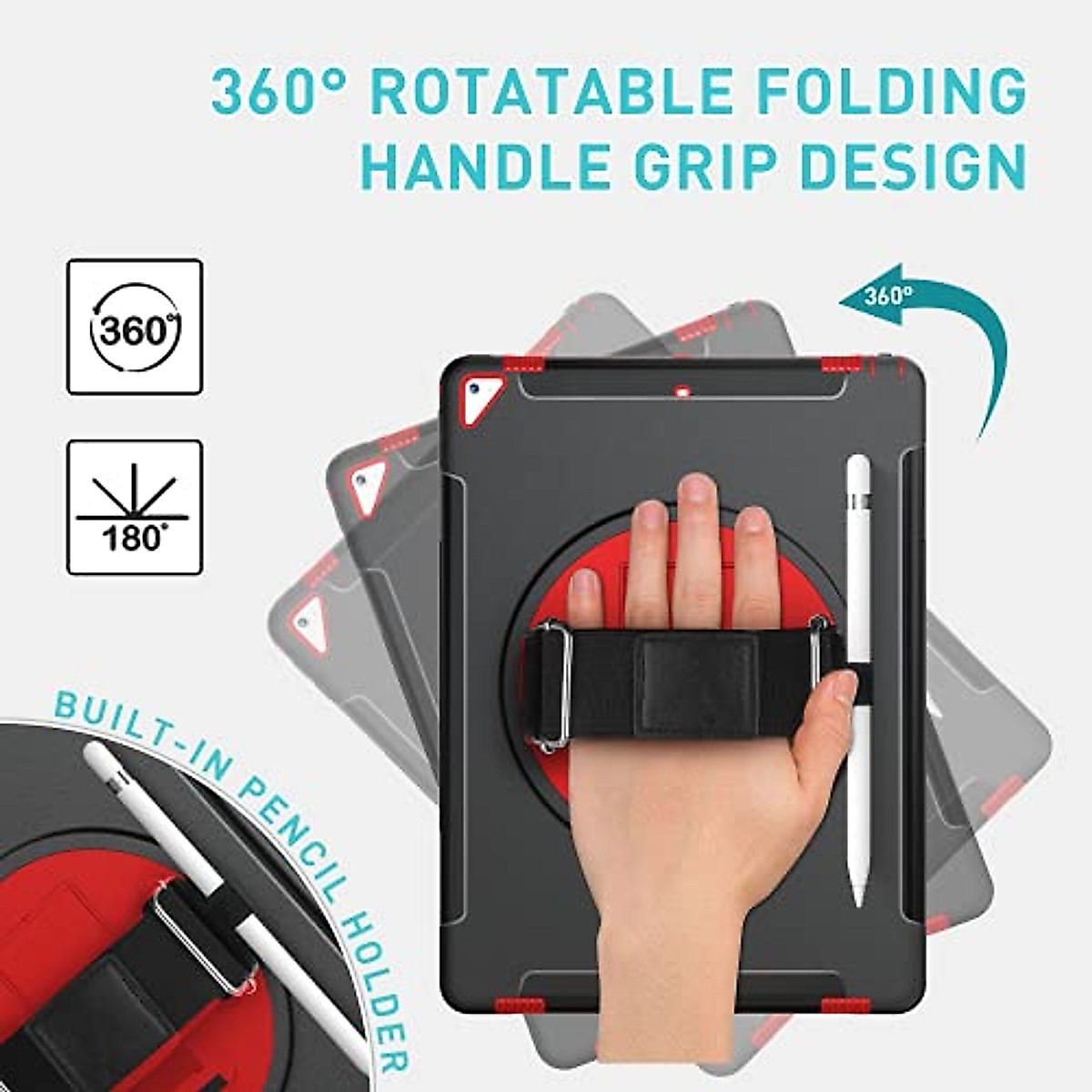 GEEKSDOM iPad Pro 12.9 Case 2nd Generation 2017 & 2015 1st Generation, Heavy Duty Rugged Shockproof Protective Soft TPU Back Cover w/360 Rotating Stand/Handle Hand/Shoulder Strap/Pencil Holder Red