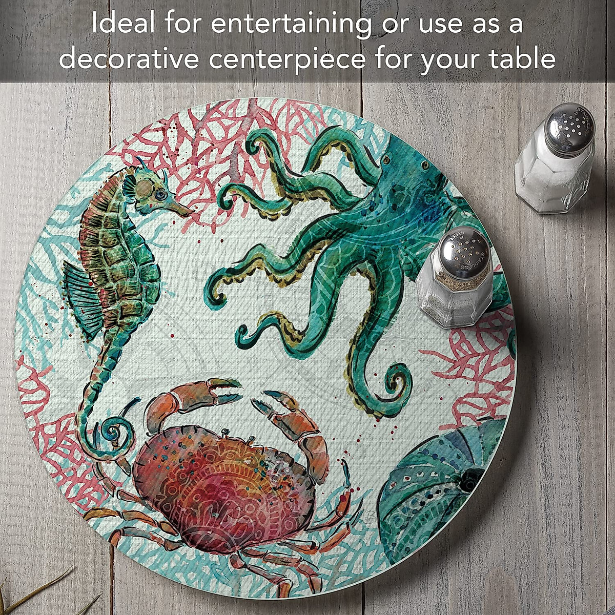 CounterArt Ocean Finds 4mm Heat Tolerant Tempered Glass Lazy Susan Turntable 13" Diameter Cake Plate Condiment Caddy Pizza Server