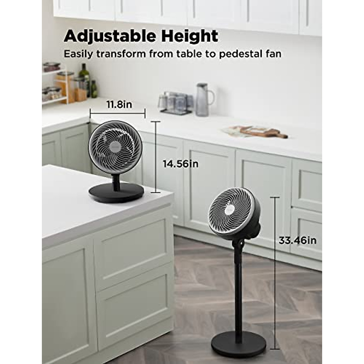 PELONIS Air Circulator Fan | 2 In 1 Table Pedestal Fan | Adjustable Height| 75-Degree Tilt |7-inch airfoil fan blades| 3 Speeds | Low Noise |Solid Base| for Home, Office, Dorm | Black