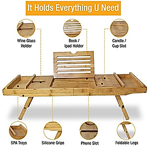 Lifestyle Expandable Bath Tub Tray - A Lovely Expandable Wooden Tray with Space for Wine Glass, Book/iPad Stand, Towels, and Bathing Gel. Great for Relaxation After Works and Family Activities.