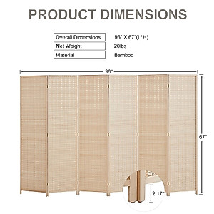 Room Divider Privacy Screen 16" Room Dividers and Folding Privacy Screens 6 Panel Room Divider Wall 5.6FT Tall Bamboo Room Divider Partitions/Separator