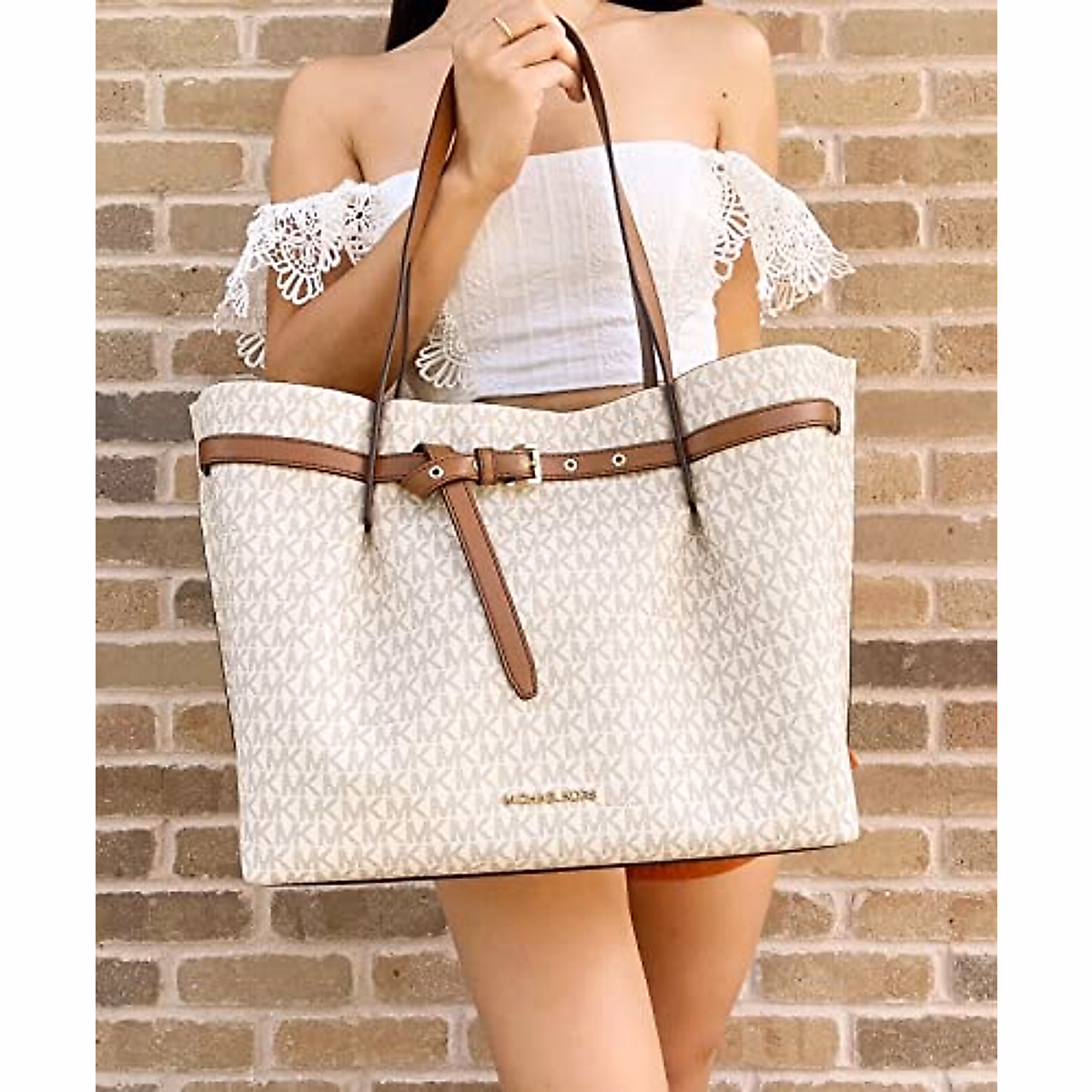 Michael Kors Emilia Large Triple Compartment Shoulder Bag Tote Vanilla MK Logo