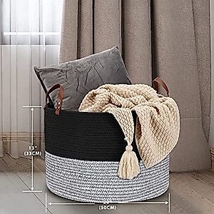 Hombins Large Cotton Rope Basket Woven Storage Basket - Decorative Storage Basket with Handles Collapsible Laundry Hamper for Throws, Pillows, Blanket, Black&Grey, 20"x20"x13"