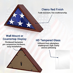 ASmileIndeep Flag Display Case for Small Flag, 3' x 5' American Flag Shadow Box with HD Tempered Glass and Wall Mount (Not for Burial Flag), Triangle Flag Holder Frame for Folded Flag - Cherry Red