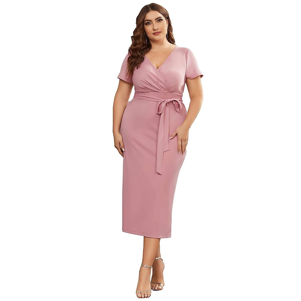 Ever-Pretty Women's Plus Size Short Sleeves Bodycon Midi Wrap Work Dress Dusty Rose 2XL