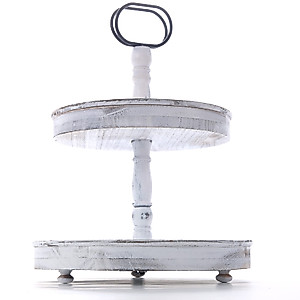 Cupcake Stand 2 Tier Tray Wooden Tiered Tray Kitchen Serving Tray with Metal Handle Coffee Table Decor Wood Cake Stand Two Tiered Tray Farmhouse for Kitchen Dining Room Countertop White