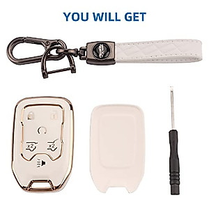 Jimtyee for GMC Key Fob Cover with Leather Lanyard Keychain Key Fob Case Shell Protection for Chevy Silverado Tahoe Suburban GMC Sierra Yukon Smart Remote Key Protector(White)