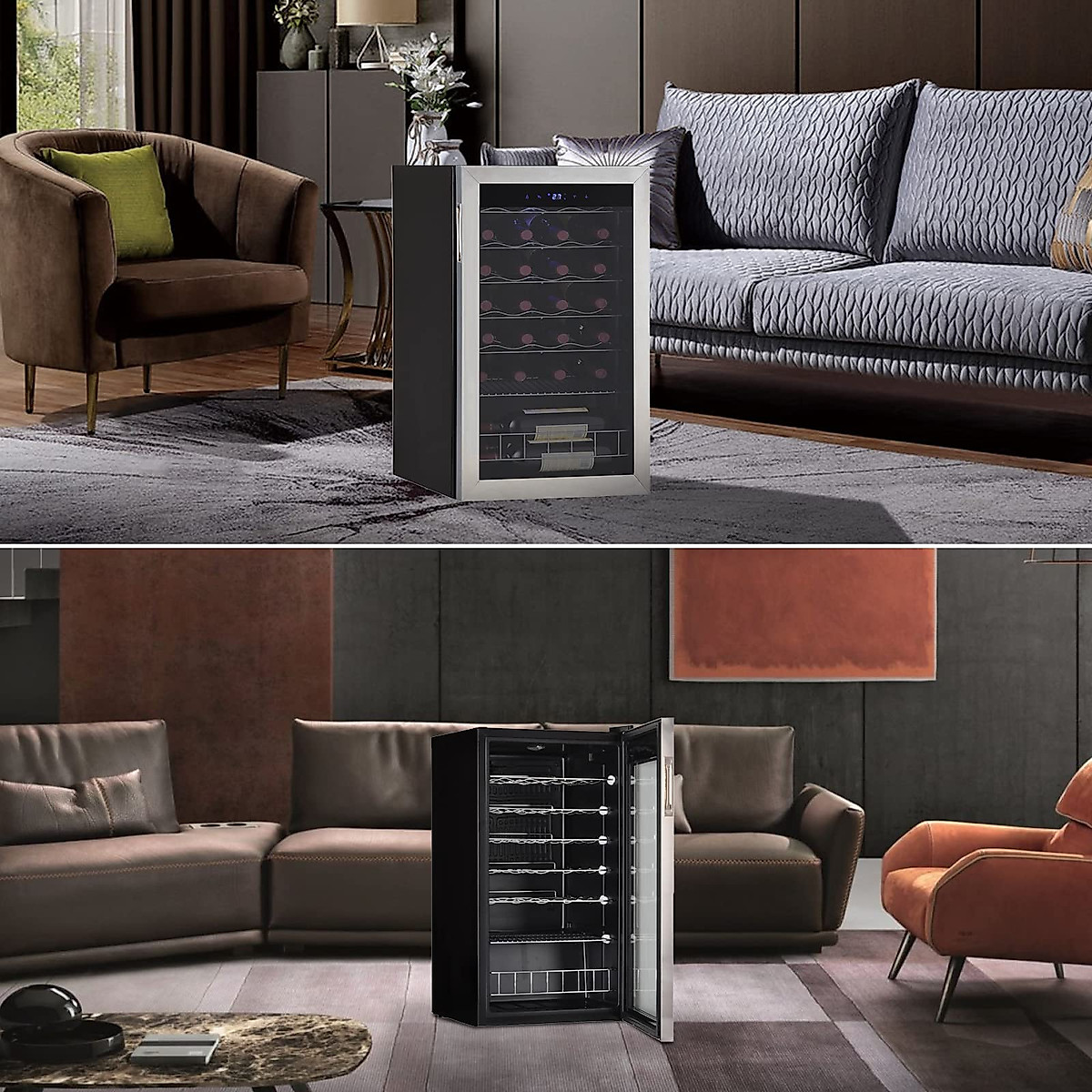 Techomey Wine Cooler Refrigerator, 34 Bottle Wine Cooler for Home Freestanding with Digital Temperature Control, Clear Glass Door, Soft LED Light, Stainless Steel, Black