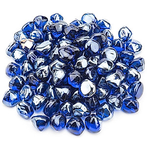 Kinway 20lbs Fire Glass Diamonds Blue Fire Pit Glass 1 Inch Fire Glass Rocks for Fire Pit Fireplace - Cobalt Blue