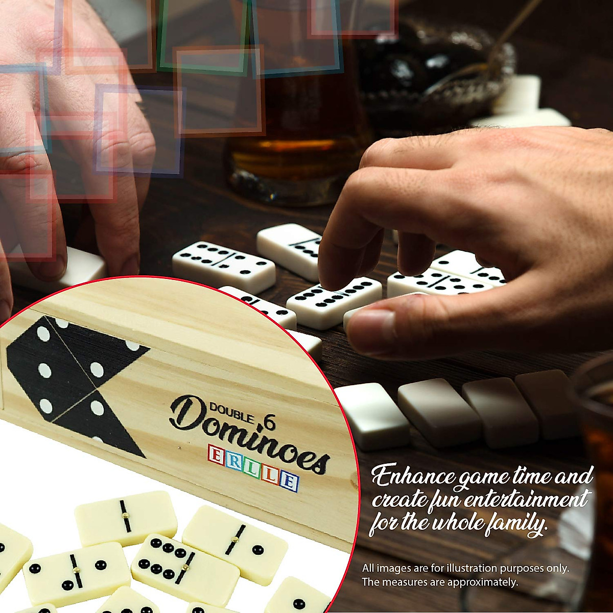ERLLE Dominos Set Game. Premium Classic 28 Pieces Double Six Domino. Durable Wooden Box. Kids, Boys, Girls, Party Favors and Anytime Use. Duoble 6 Dominoes.(Wooden Pro)