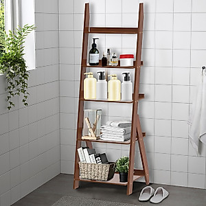 DOUSY-5-Tier Ladder Shelf Bookcase, Bamboo Ladder Bookshelf Leaning Bookshelf, Freestanding Storage Shelf Boho Bookshelf for Living Room, Home Office, Bedroom, Balcony, Walnut