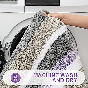 Buganda Microfiber Striped Bathroom Rugs Bath Mat, Extra Thick, Soft and Shaggy, Absorbent, Machine Washable, Anti-Slip Bath Rugs for Bathroom, Tub and Shower, 24x16, Purple-Grey