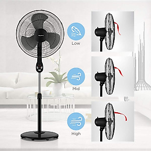 PELONIS 18" Quiet Oscillating Pedestal Fan with LED Display, Remote Control, 3 Speeds and Modes, 7.5h Programmed Timer for Home and Office, Glossy Black