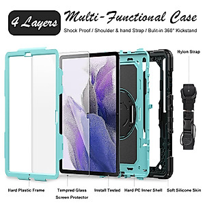 BASE MALL Tablet Case for Samsung Galaxy Tab S8 Plus 2022/S7 FE/S7 Plus 12.4 5G, [Shockproof] with Tempered Glass Screen Protector,360° Rotating Kickstand/Hand Strap/S Pen Holder (SkyBlue)