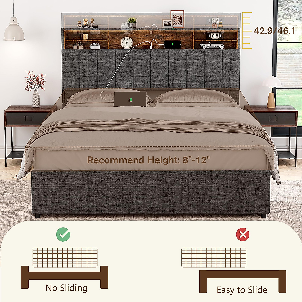 Full Size Bed Frame with Tall Bookcase Headboard and Charging Station, LED Bed Frame with 4 Storage Drawers, Upholstered Platform Bed with Heavy Duty Support Legs, No Box Spring Needed, Dark Grey