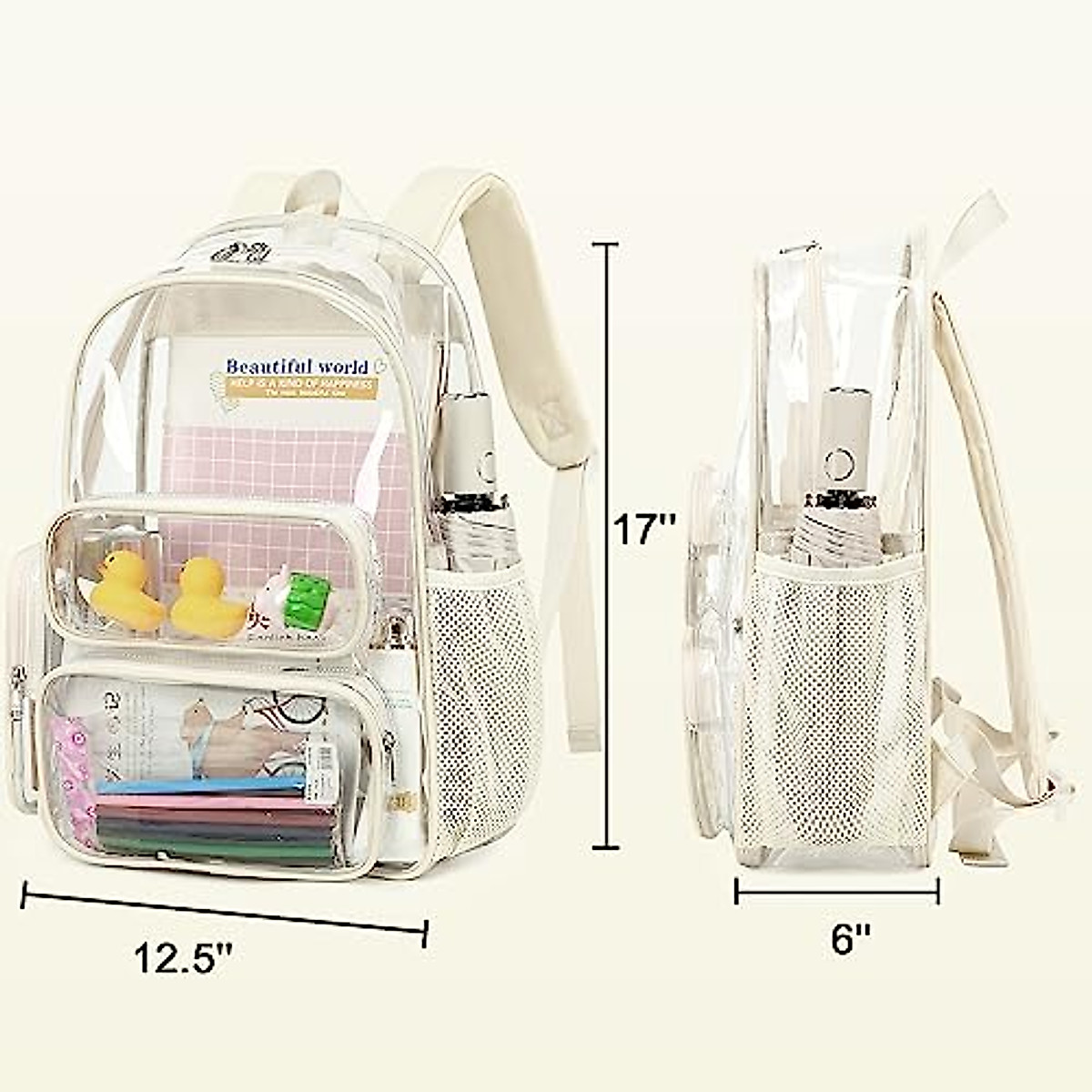 CAMTOP Clear Backpack Heavy Duty PVC Transparent Bag See Through BookBag for Student School Work Festival Sport Travel(17 Inch,Beige)