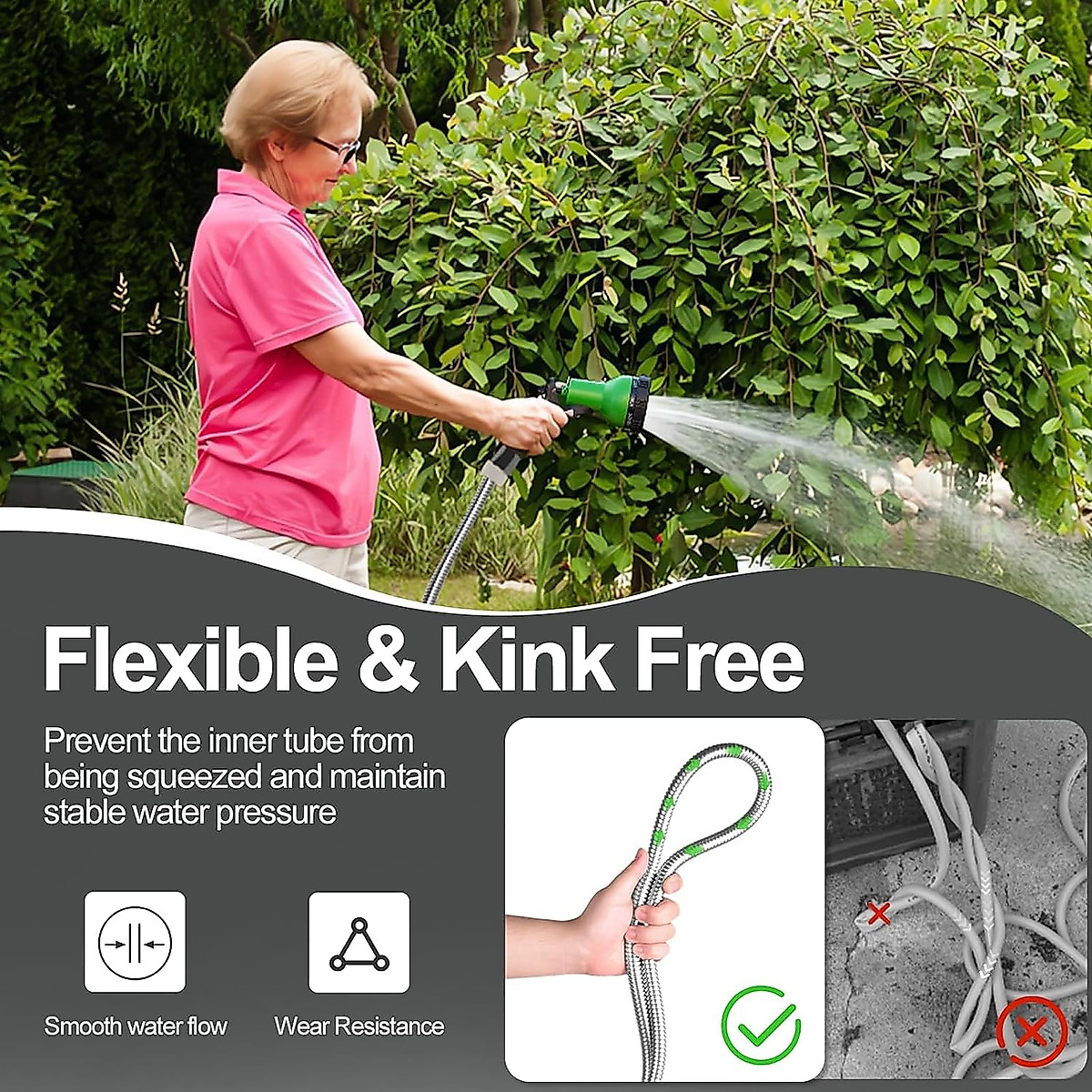 SPECILITE 100ft 304 Stainless Steel Garden Hose Metal, Heavy Duty Water Hoses with Nozzles for Yard, Outdoor - Flexible, Never Kink & Tangle, Puncture Resistant (Sliver)