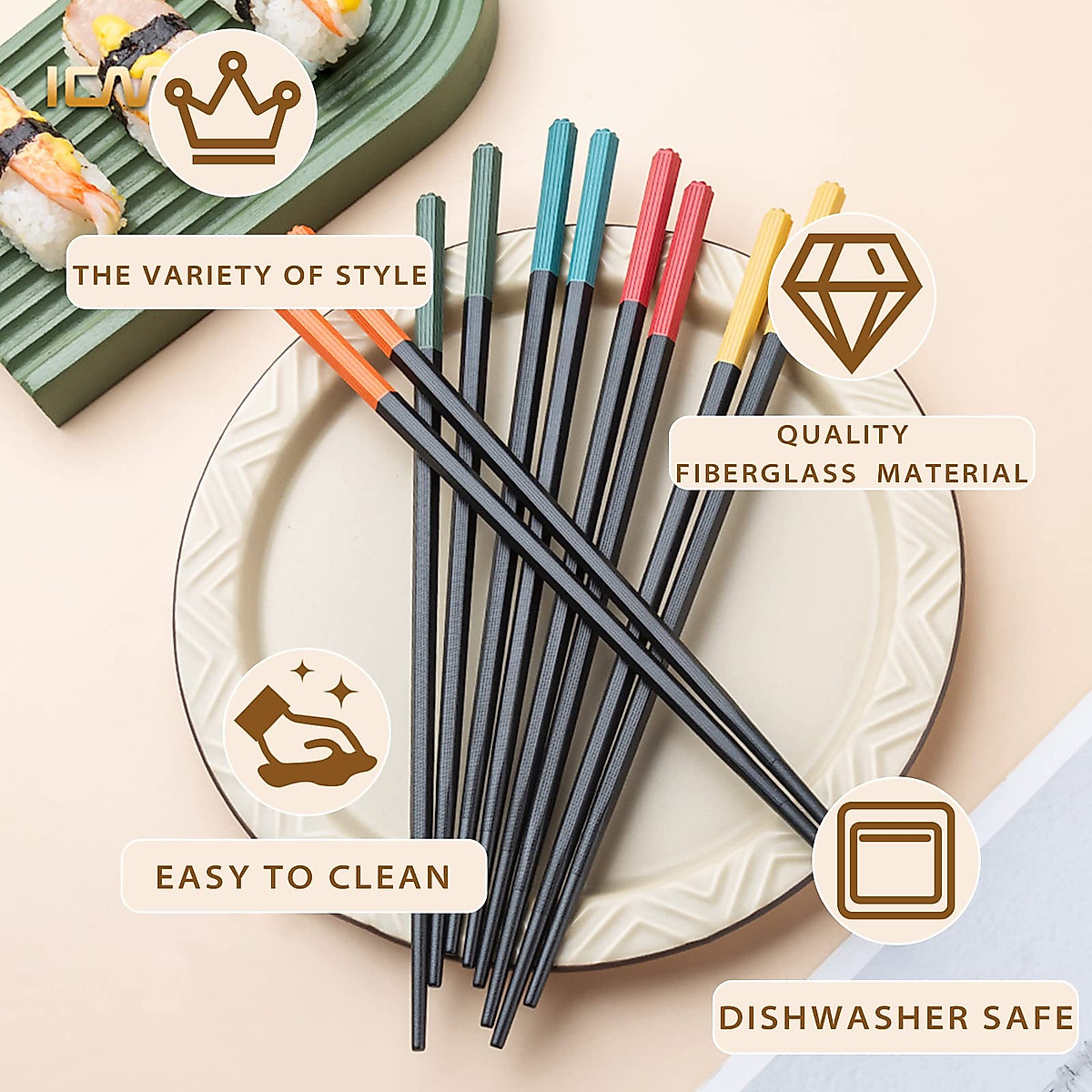 5 Pairs Fiberglass Chopsticks Reusable Dishwasher Safe, Matte Non-Slip Chopstick, Chinese Style Japanese Korean Chop Sticks for Food & Cooking, Chopsticks Gift Set, Multi-Color Rose