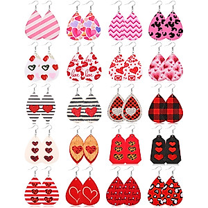 Honsny 20 Pairs Valentine's Day Faux Leather Earrings Set for Women Lightweight Teardrop Dangle Earrings Heart Stiped Water Drop Earrings